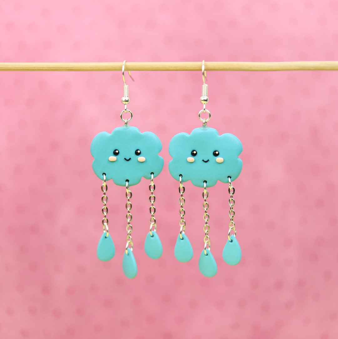 Rainy Cloud Earrings, Kawaii Birthday Gift, Raindrops Earrings, Cute ...