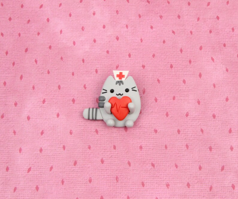 Pusheen With Red Heart Brooch, Gift for Nurse, Funny Doctor Cat Pin ...