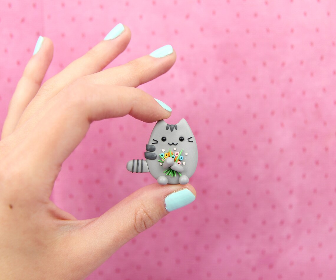 Spring Pusheen Pin, Gift for Daughter, Funny Animal Brooch, Pusheen ...