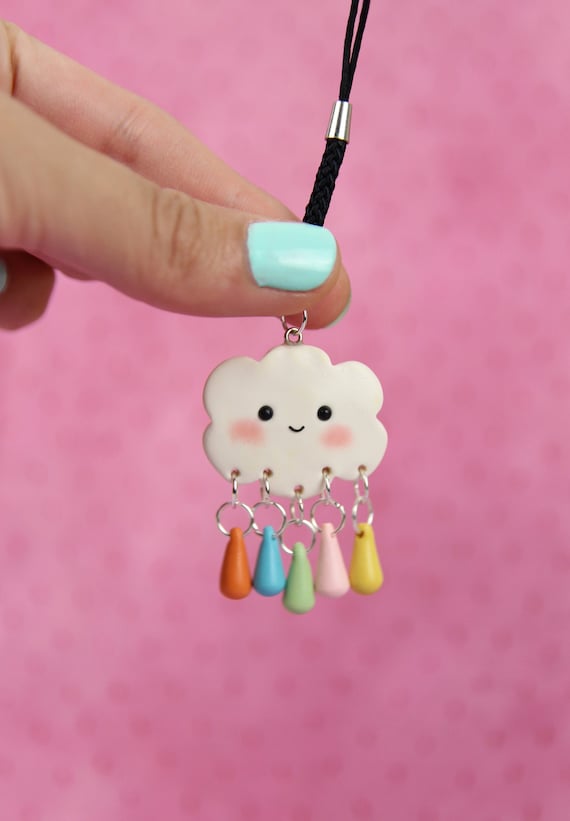 Happy Cloud Keychain Rainbow Raindrop Necklace Pastel Rain | Etsy