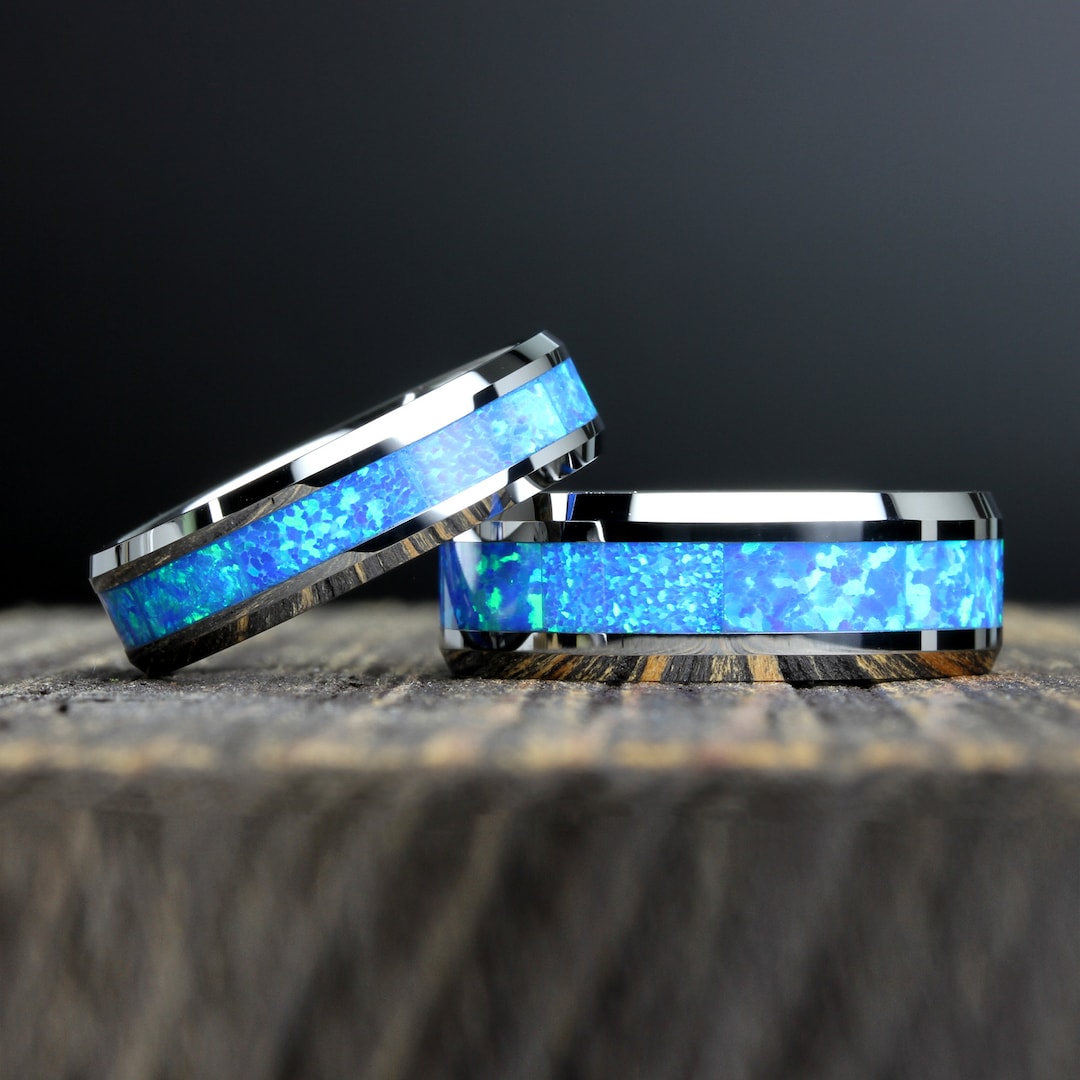 Tungsten Ring Set, Blue Opal Ring, His & Hers Tungsten Wedding Band ...