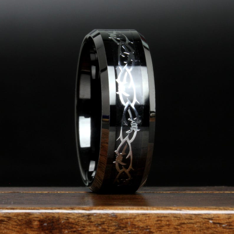 Barbed Wire Inlay Black Tungsten Ring 8mm | Men's Gothic Wedding Band ...