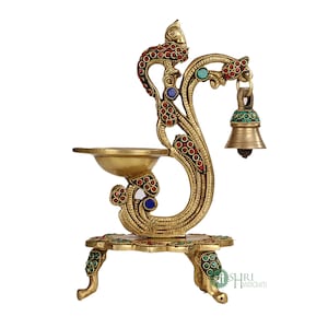 Brass Deepak With Stonework 20 Cm Brass Oil Lamp Stand With Bell Brass ...