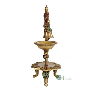 Brass Deepak With Stonework 20 Cm Brass Oil Lamp Stand With Bell Brass ...