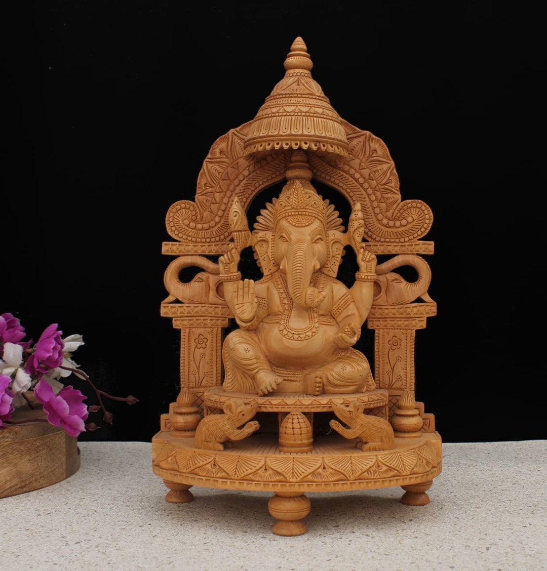 Lord Ganesha Wood God Idol Statue 12" Sculpture Home Temple Decor Gifts ...