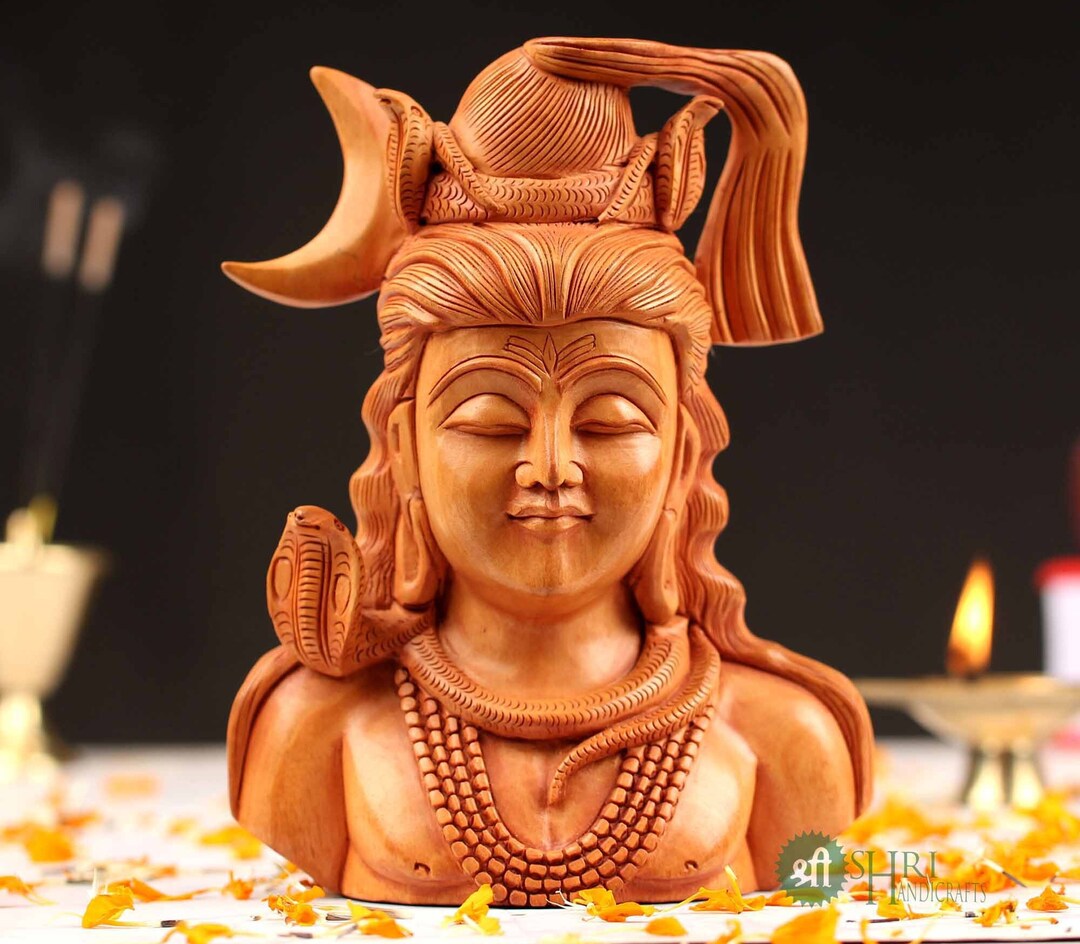 Wood Lord Shiva Bust Figurine Handmade Carved Hindu God Sculpture ...