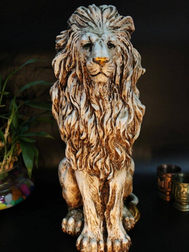 15" Handmade Lion Sitting Statue Stone Finish # Animal Figurines ...
