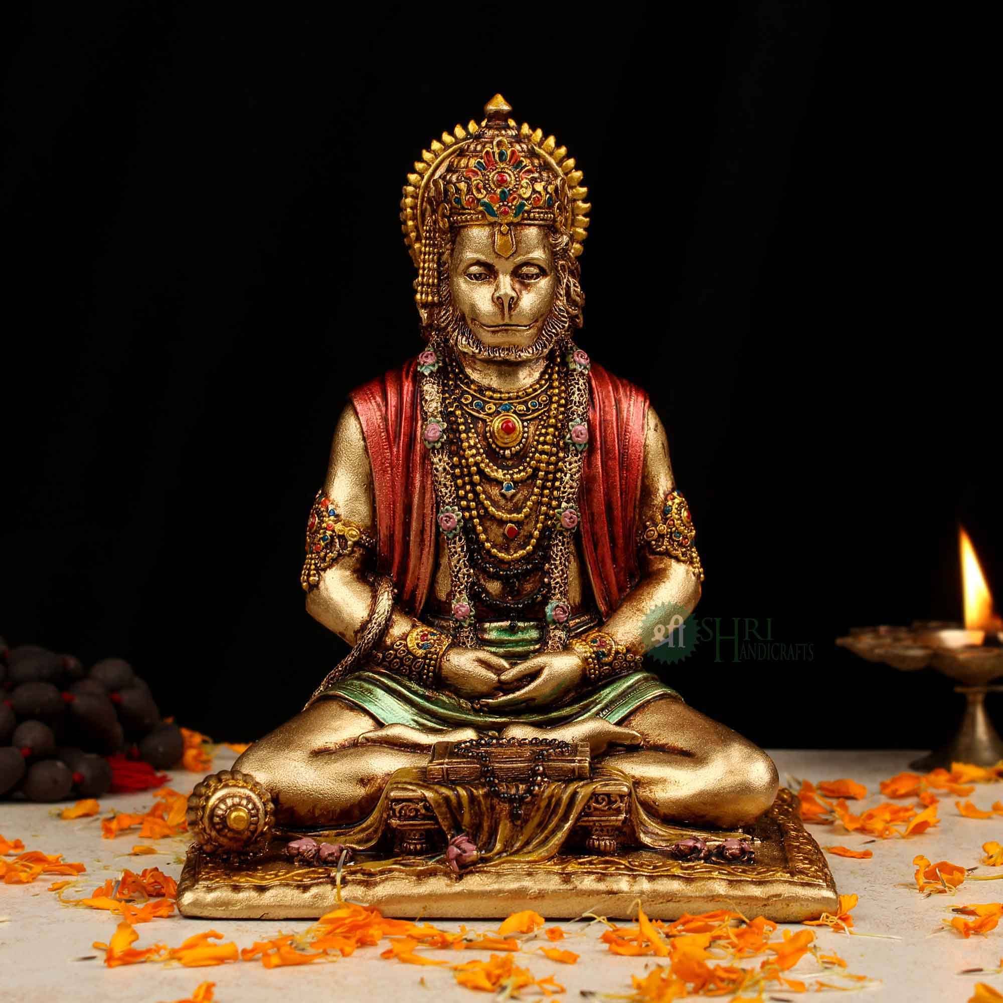 Lord Hanuman Sitting Religious Hindu Statue With Gada, Indian Bahubali ...