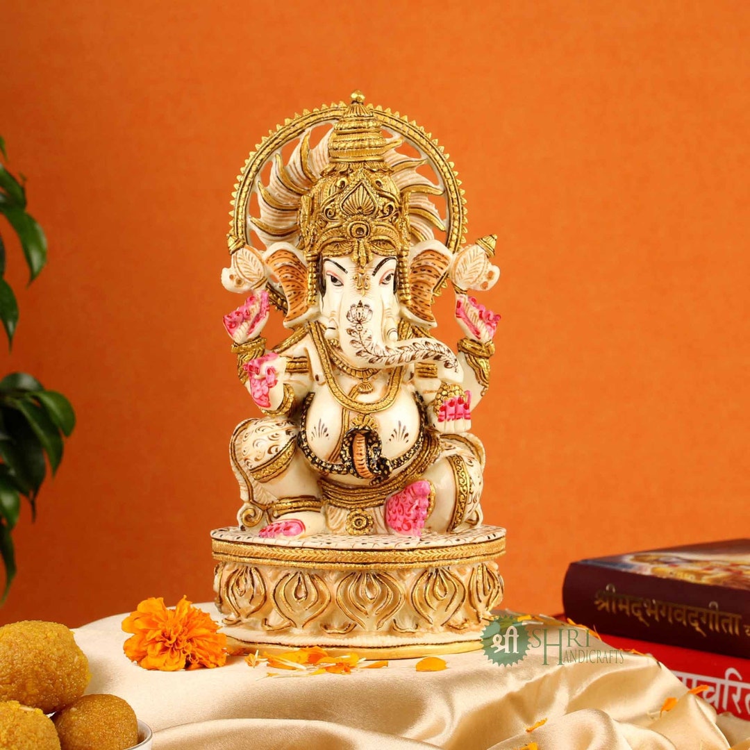 Lord Ganesha Statue Sitting, Gold Painted Sculpture, Hindu God Figurine ...
