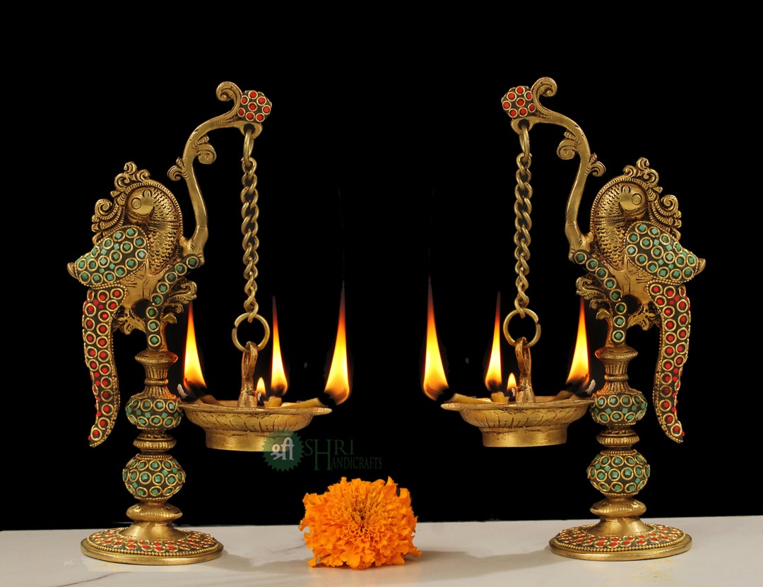 Brass Deepak With Stonework, 22cm Brass Oil Lamp Stand, Brass ...