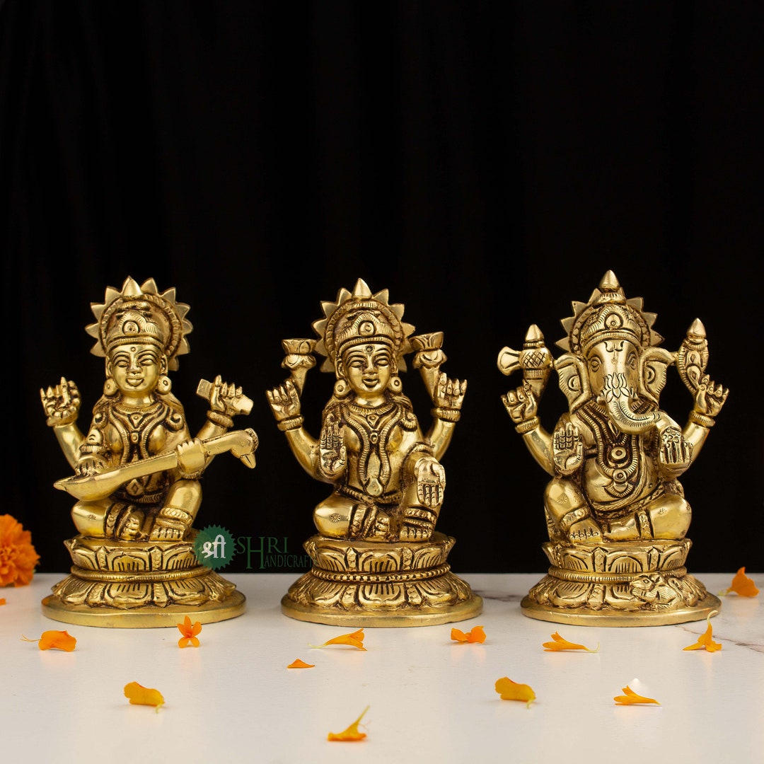 Brass Ganesh Lakshmi Saraswati Statue for Diwali Gift, Brass Laxmi ...