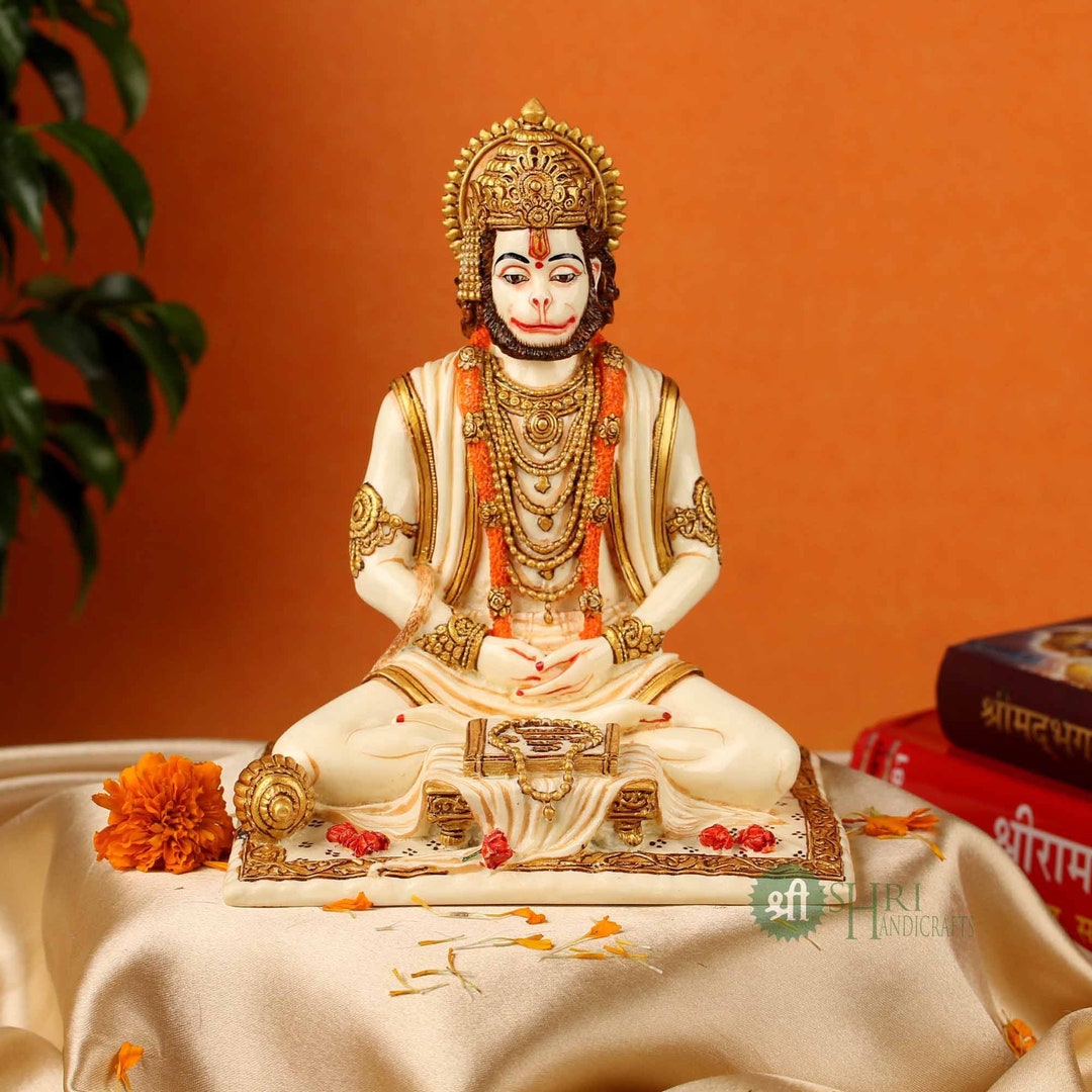 Hanuman Statue 20cm, Hand Painted Cultured Marble, Meditating Lord ...