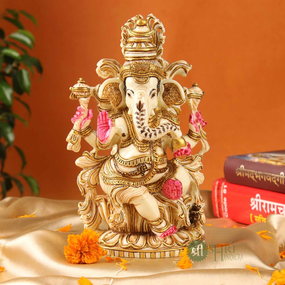 Lord Ganesha Statue Handmade Sitting, Gold Painted Sculpture, Hindu God ...
