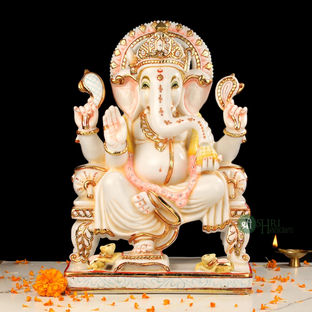 Ganesha Statue, 45 Cm Big Hand Painted Culture Marble Ganesh Statue for ...