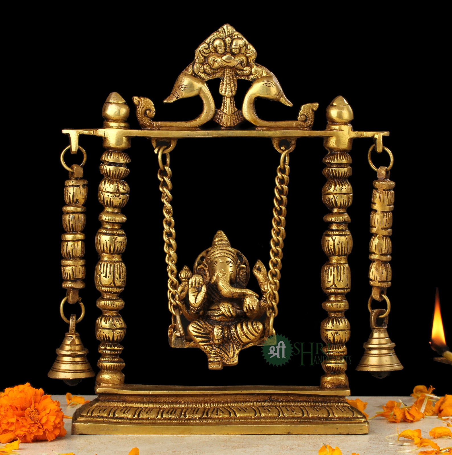 Brass Ganesh Statue on Jhula, Hindu God of Good Luck & New Beginning ...