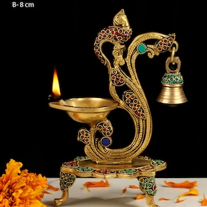Brass Deepak With Stonework 20 Cm Brass Oil Lamp Stand With Bell Brass ...