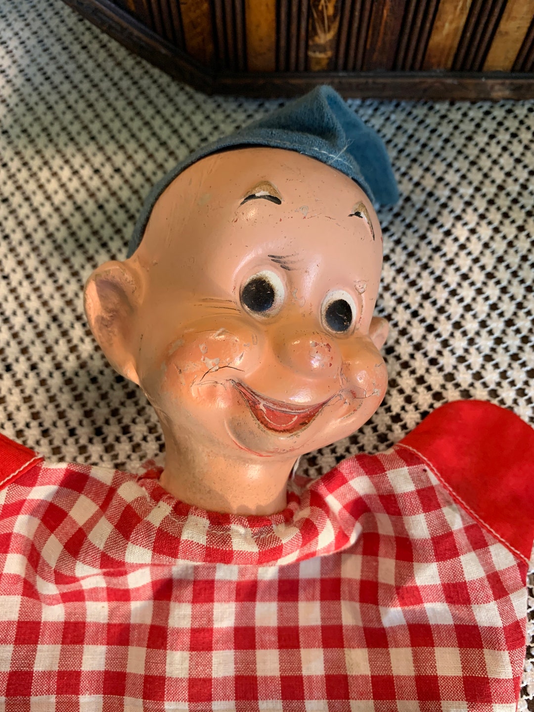 Vintage Reliable Doll Plaster Head Hand Puppet With Red Check Outfit ...