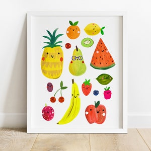 Happy Fruit Print Cute Fruity Poster Apple Banana Berry | Etsy UK