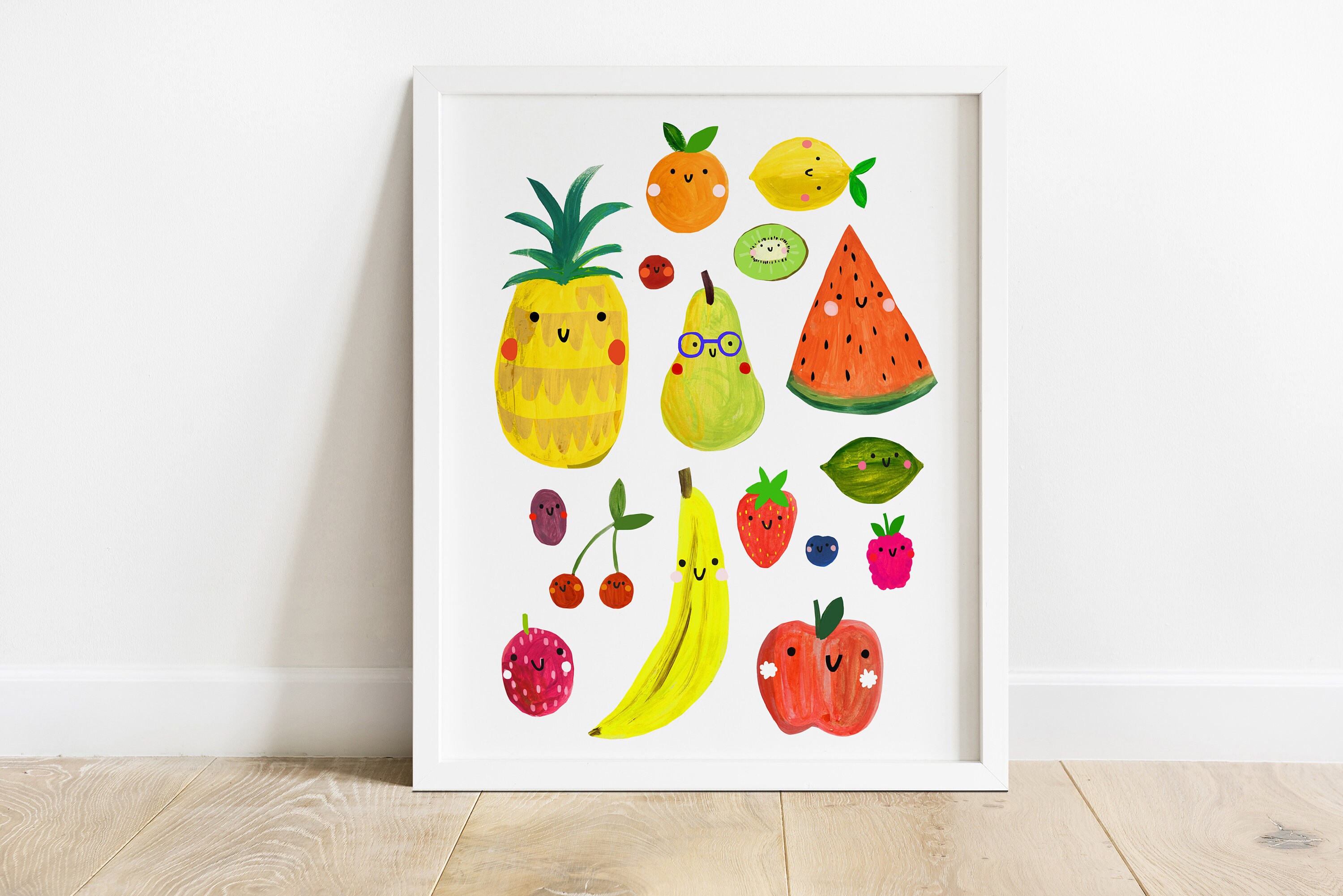 Happy Fruit Print Cute Fruity Poster Apple Banana Berry | Etsy UK