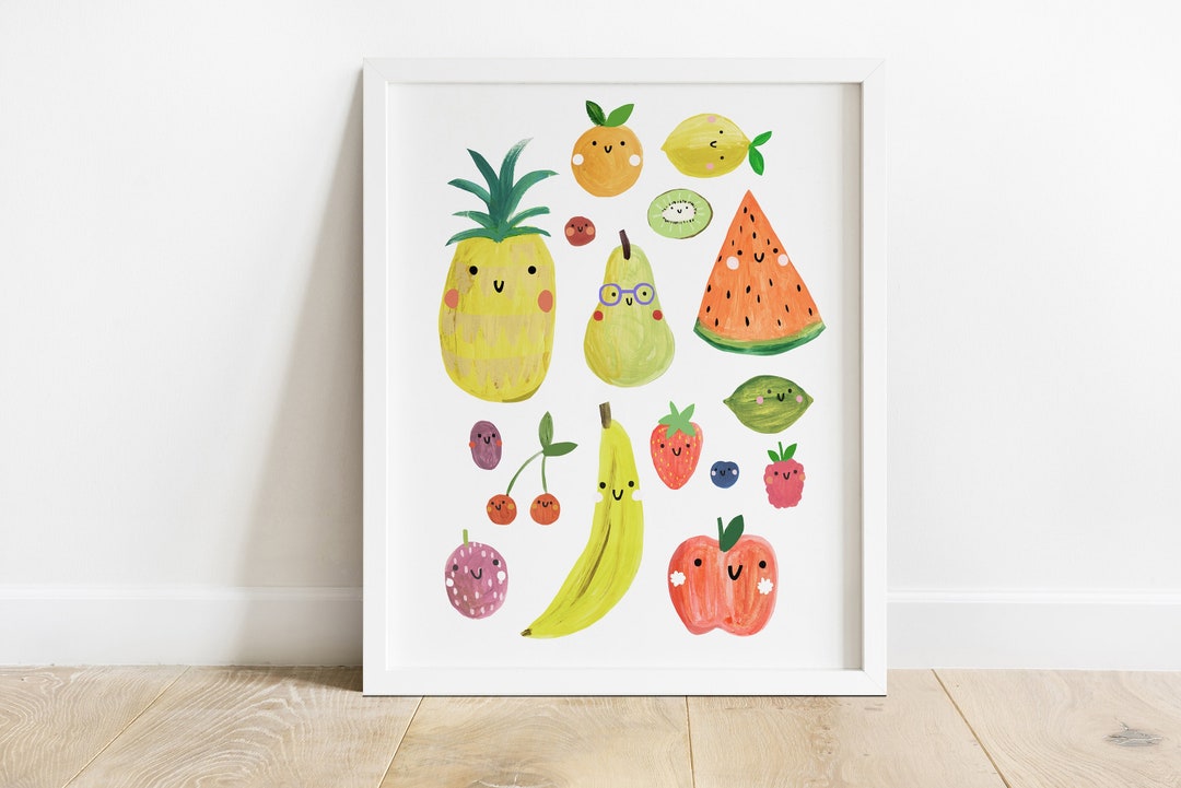 Happy Fruit Print | Cute Fruity Poster Apple Banana Berry Kids Vegan ...