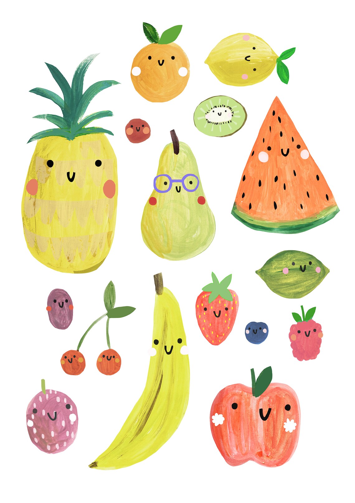 Happy Fruit Print Cute Fruity Poster Apple Banana Berry - Etsy UK