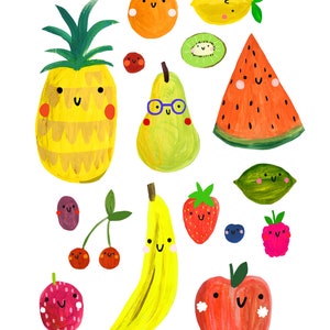 Happy Fruit Print Cute Fruity Poster Apple Banana Berry | Etsy UK
