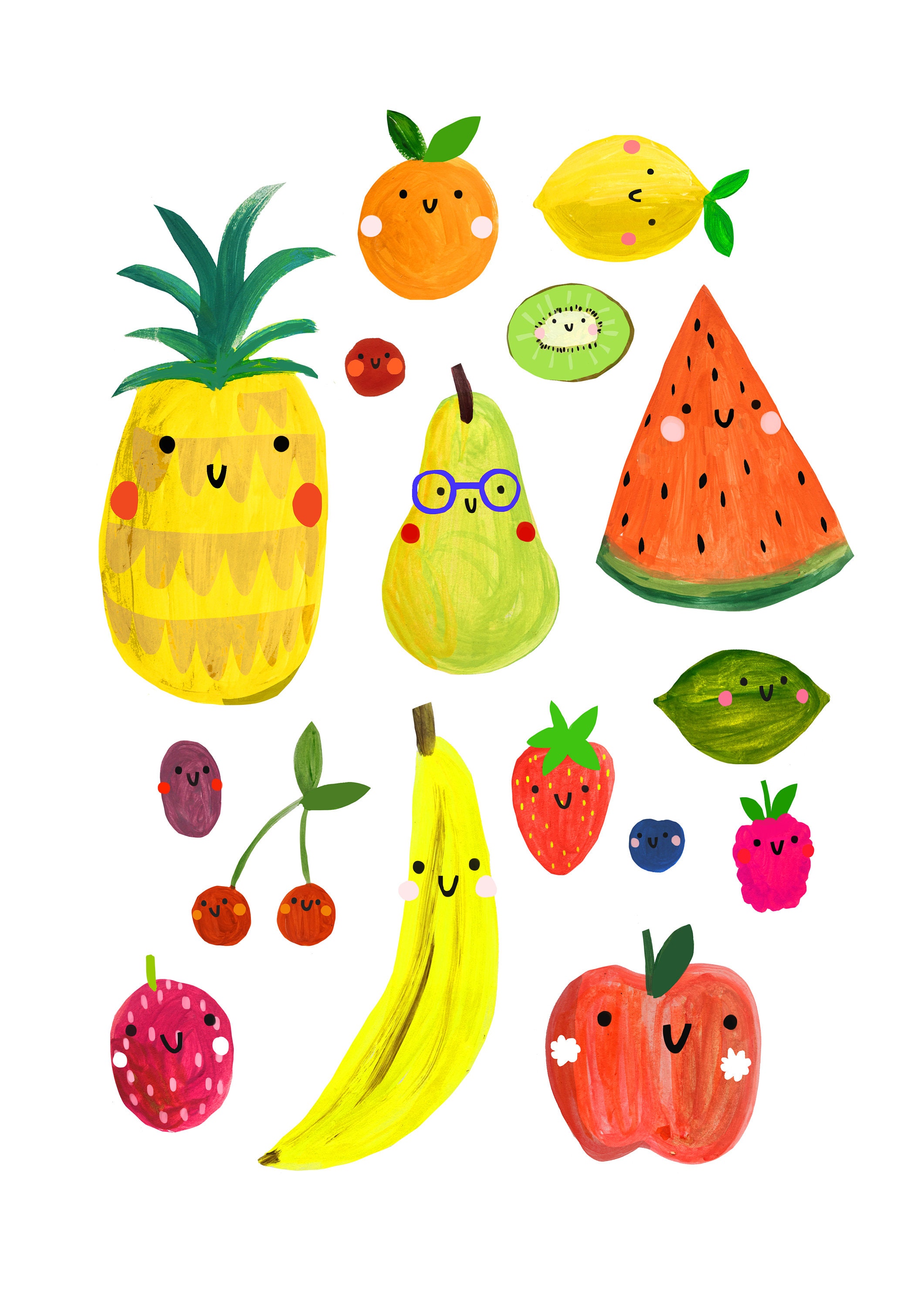 Happy Fruit Print Cute Fruity Poster Apple Banana Berry | Etsy UK