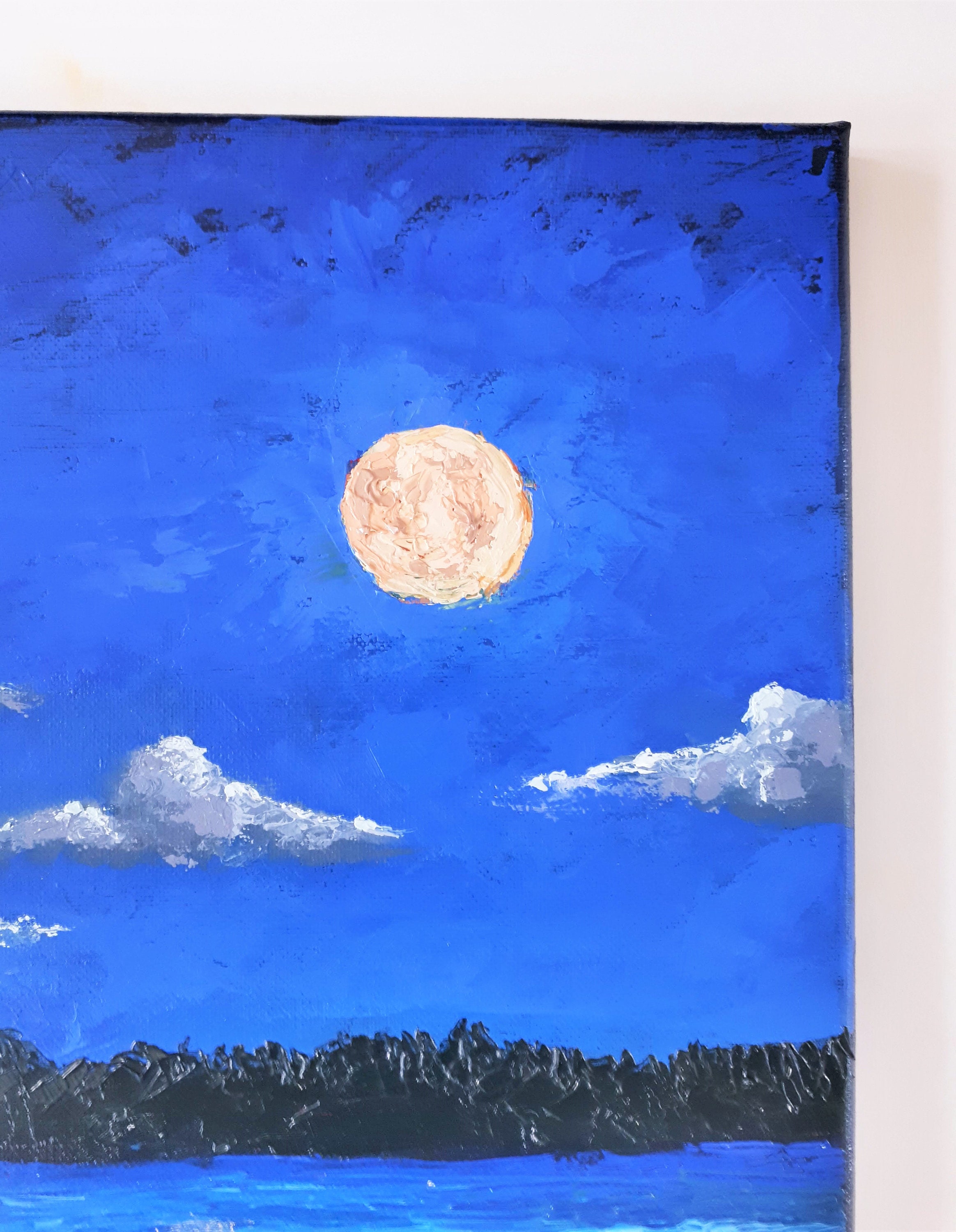 Night Time Lake With Full Moon | Original Oil Painting on Canvas ...