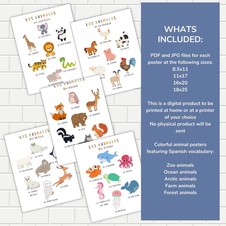 Spanish Animals Bundle Vocabulary Educational Printable Posters - Etsy