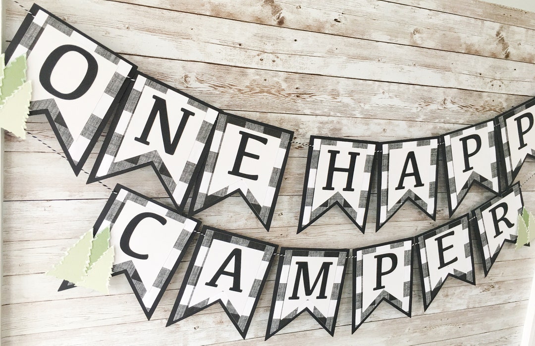 One Happy Camper Banner, 1 Happy Camper 1st Birthday, Black & White ...