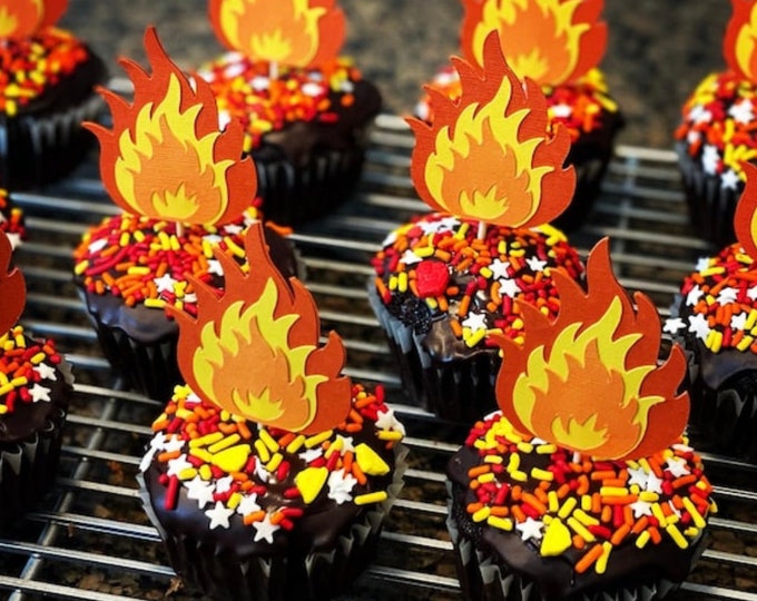 Fire Cupcake Toppers for Firetruck Birthday Party, Fireman Party ...