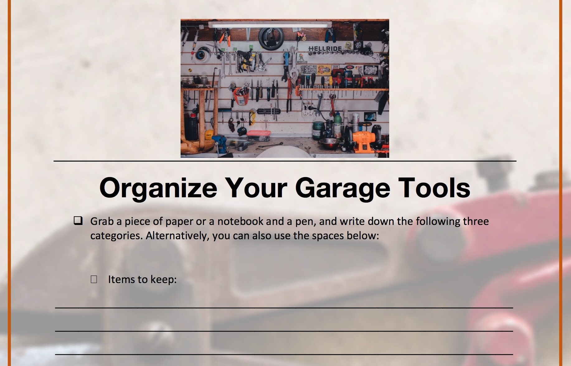 Organize Your Garage Tools Checklist, Organize Garage Equipment, Garage ...