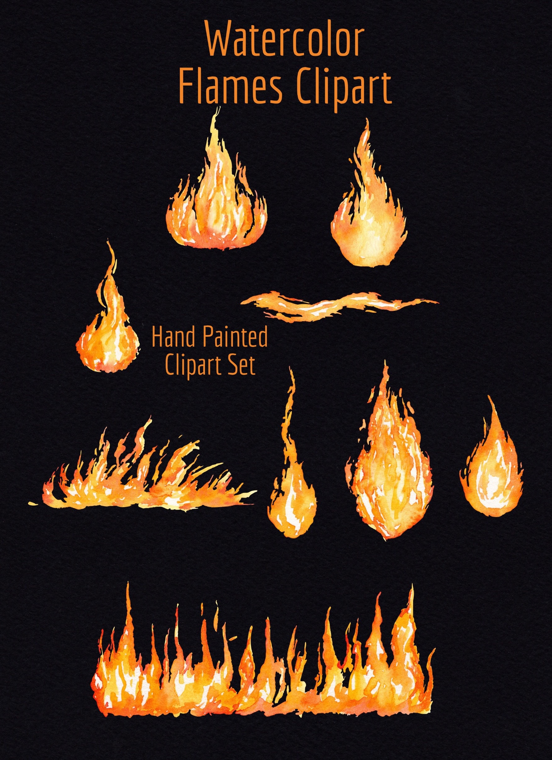 Watercolor Flames Clipart- Hand Painted Fire Clipart- Flame Graphics ...