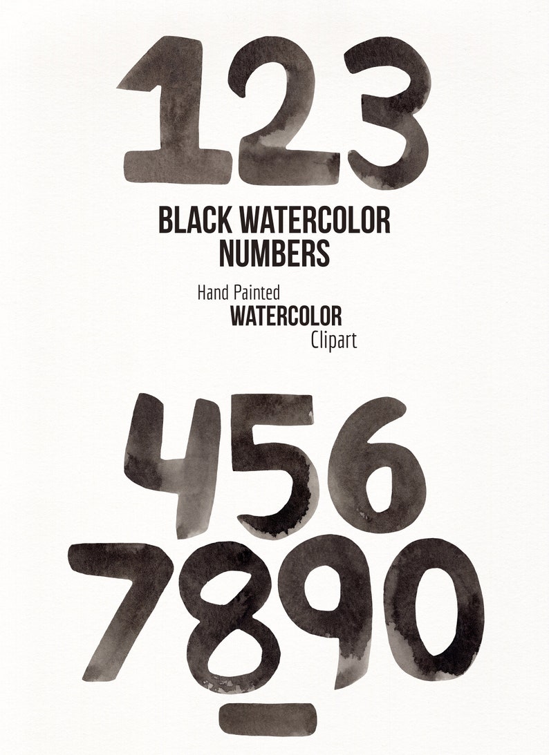 Hand Painted Watercolor Numbers- Black Numbers Clipart- PNG Whole ...