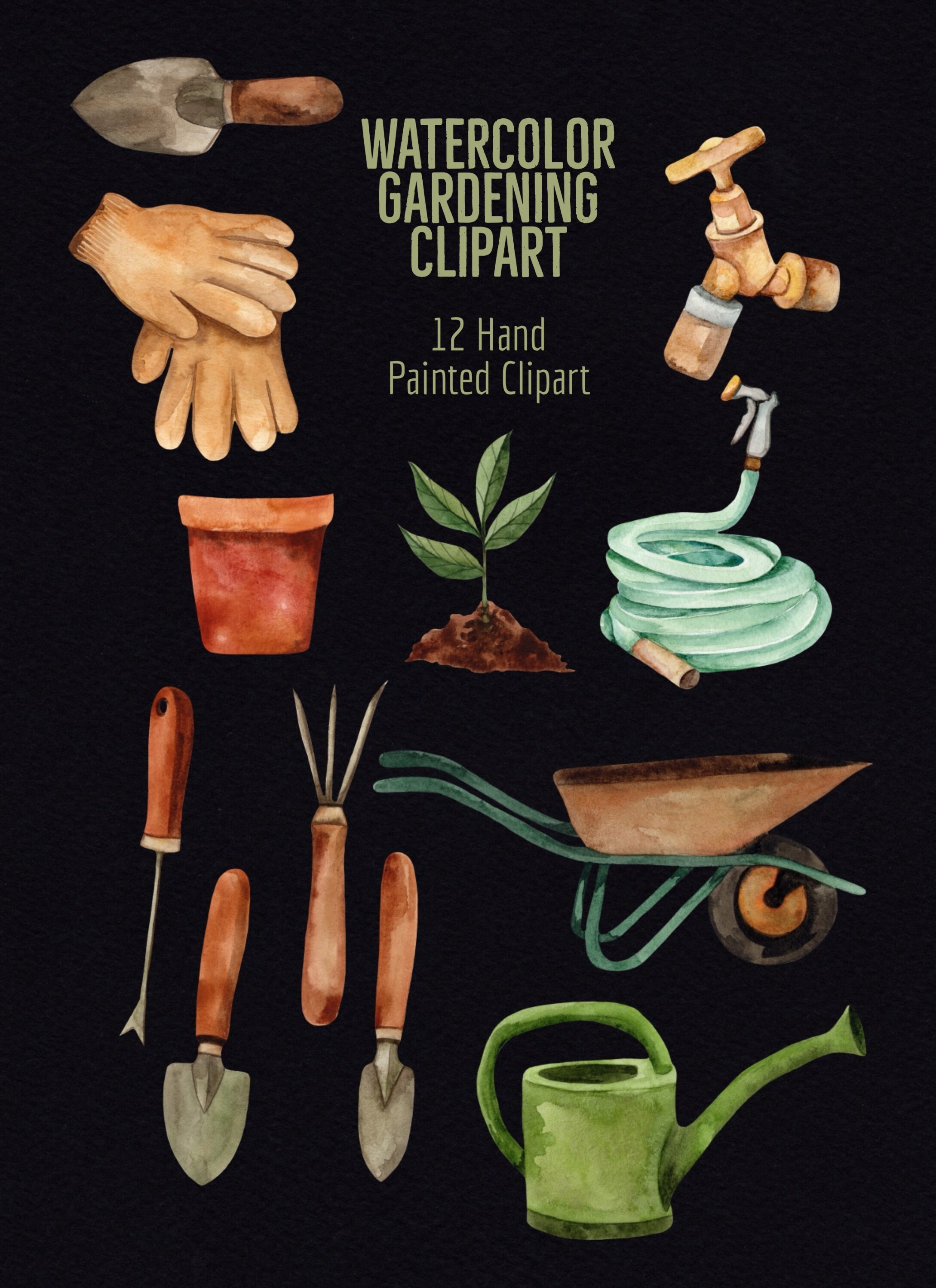 Watercolor Gardening Clipart- Hand Painted Gardening Tools PNG- Spring ...