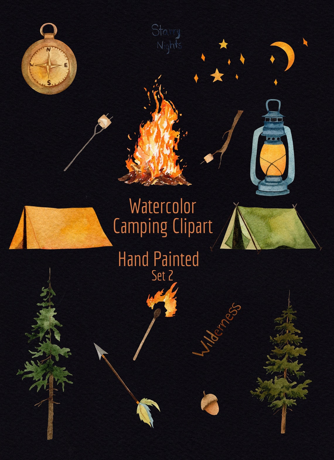 Watercolor Camping Clipart- Hand Painted Clipart Set- Camping Graphics ...