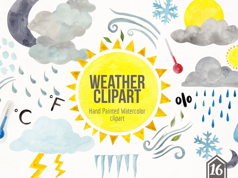 Watercolor Weather Clipart- Hand Painted Weather Clipart- Climate ...