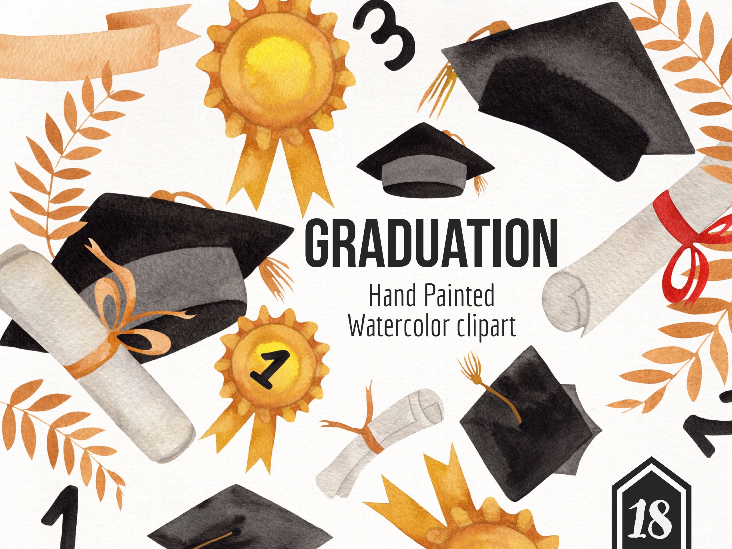 Watercolor Graduation Clipart- Hand Painted Graduation Clipart ...