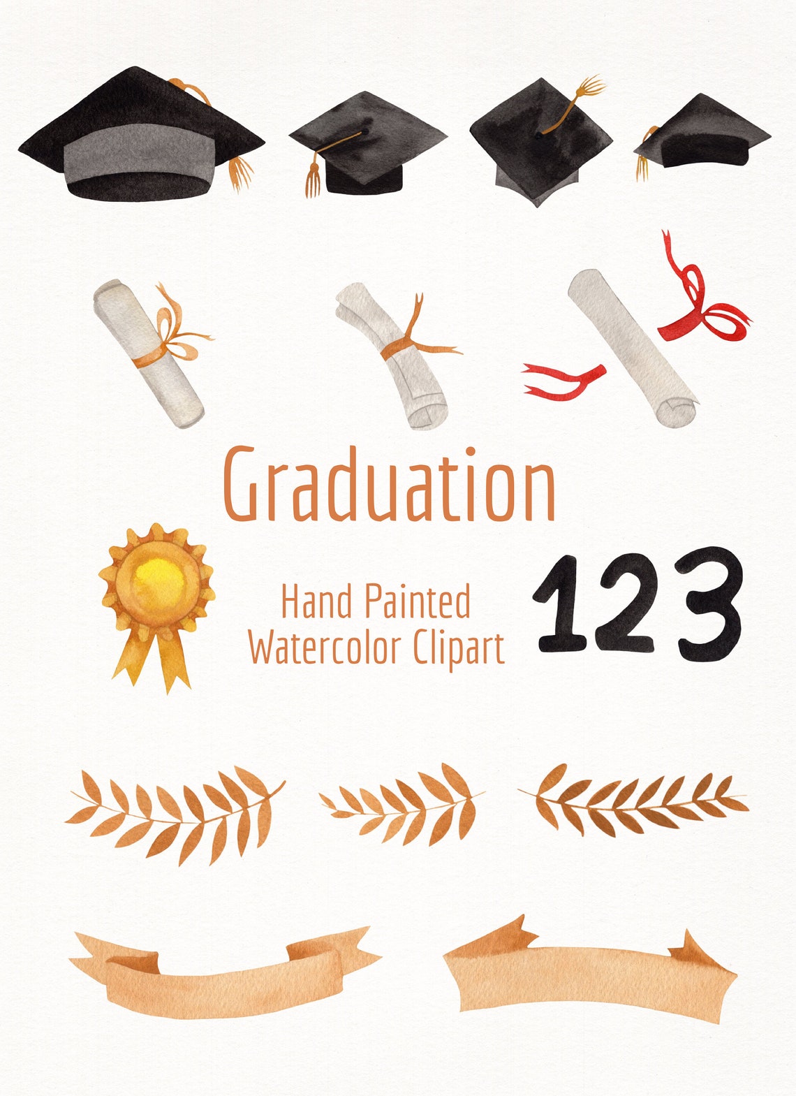 Watercolor Graduation Clipart- Hand Painted Graduation Clipart ...
