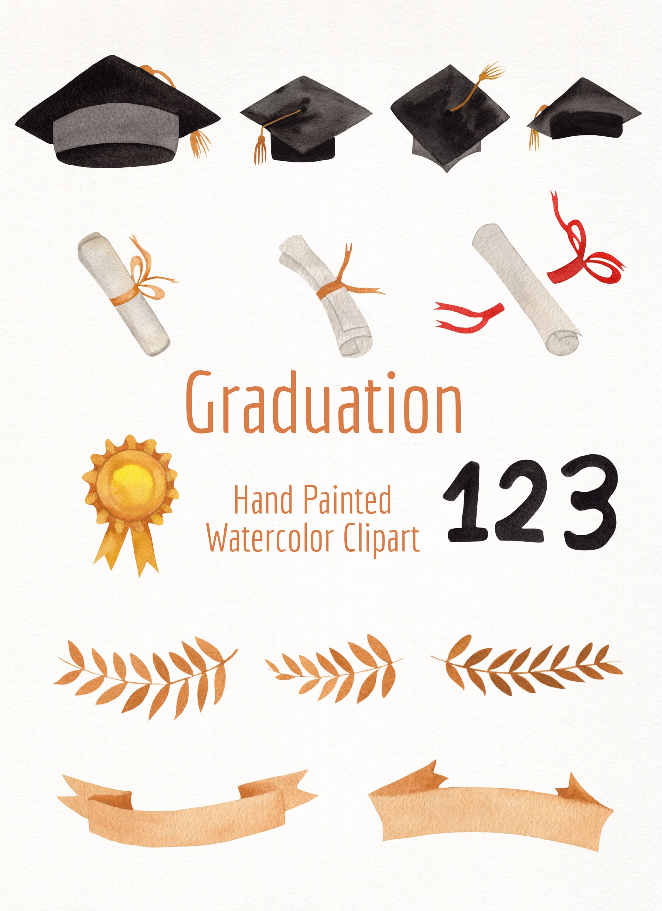 Watercolor Graduation Clipart- Hand Painted Graduation Clipart ...