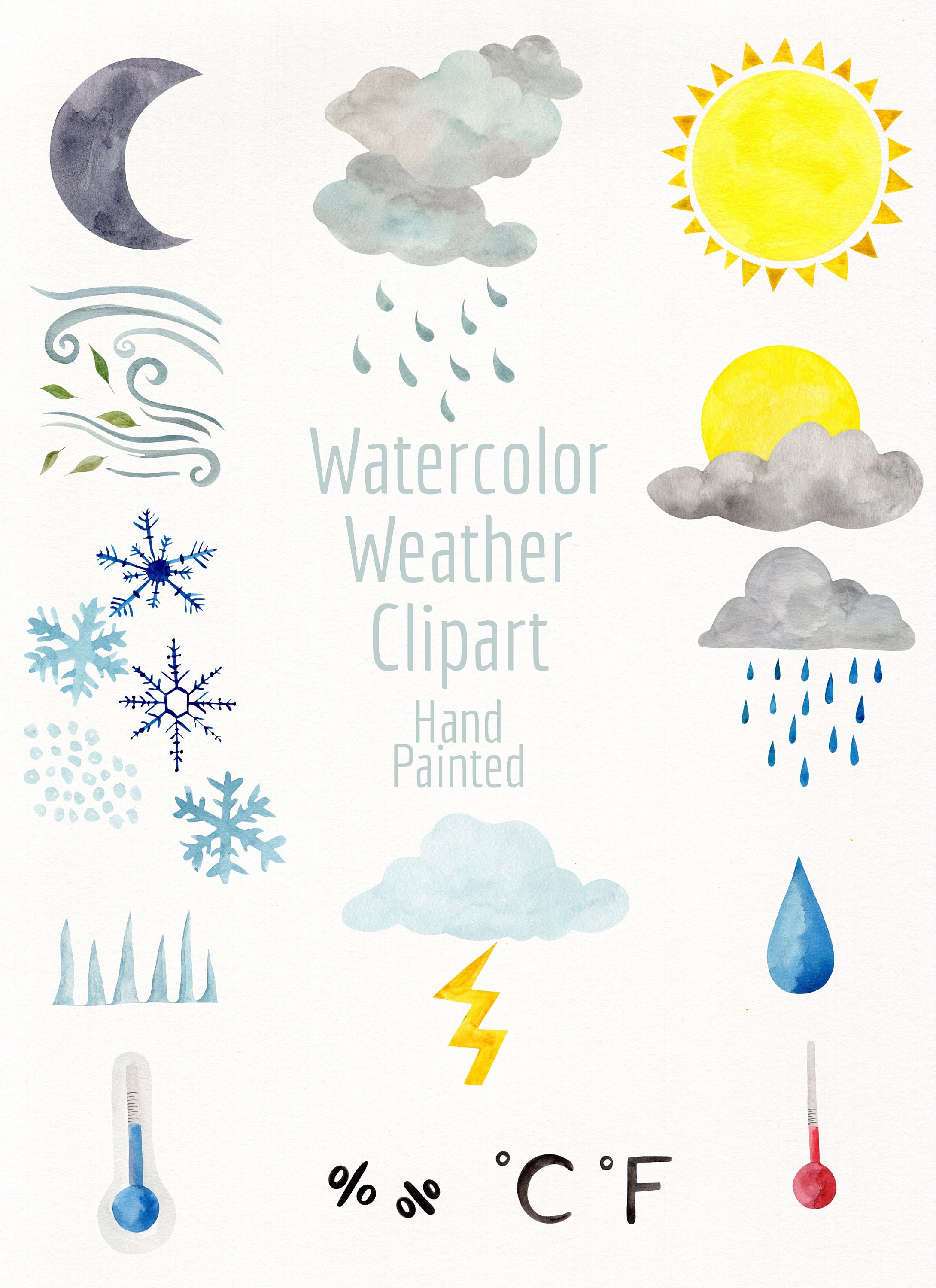Watercolor Weather Clipart- Hand Painted Weather Clipart- Climate ...