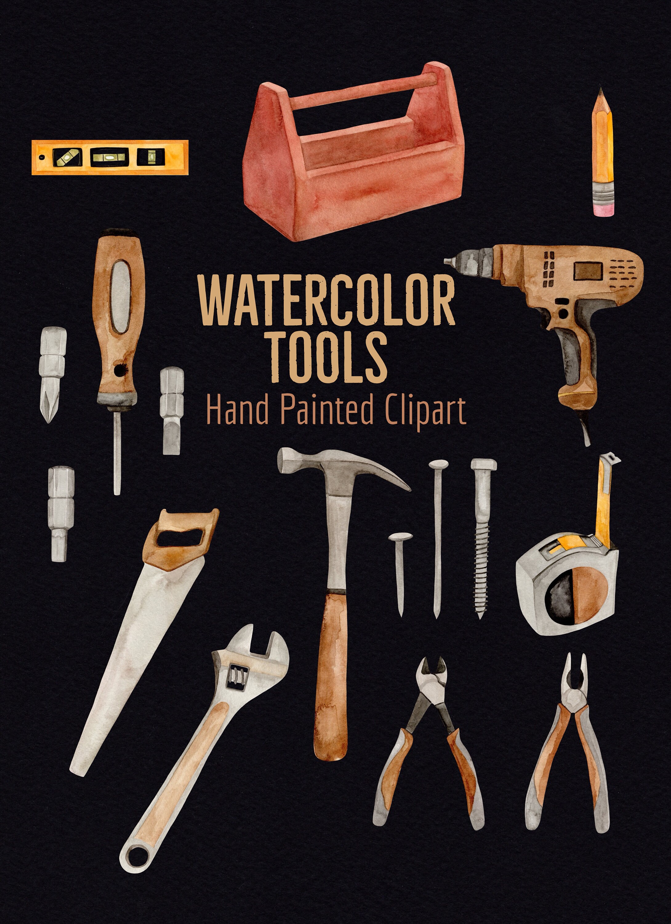 Hand Painted Watercolor Tools- Tools Clipart Set- High Resolution- 17 ...