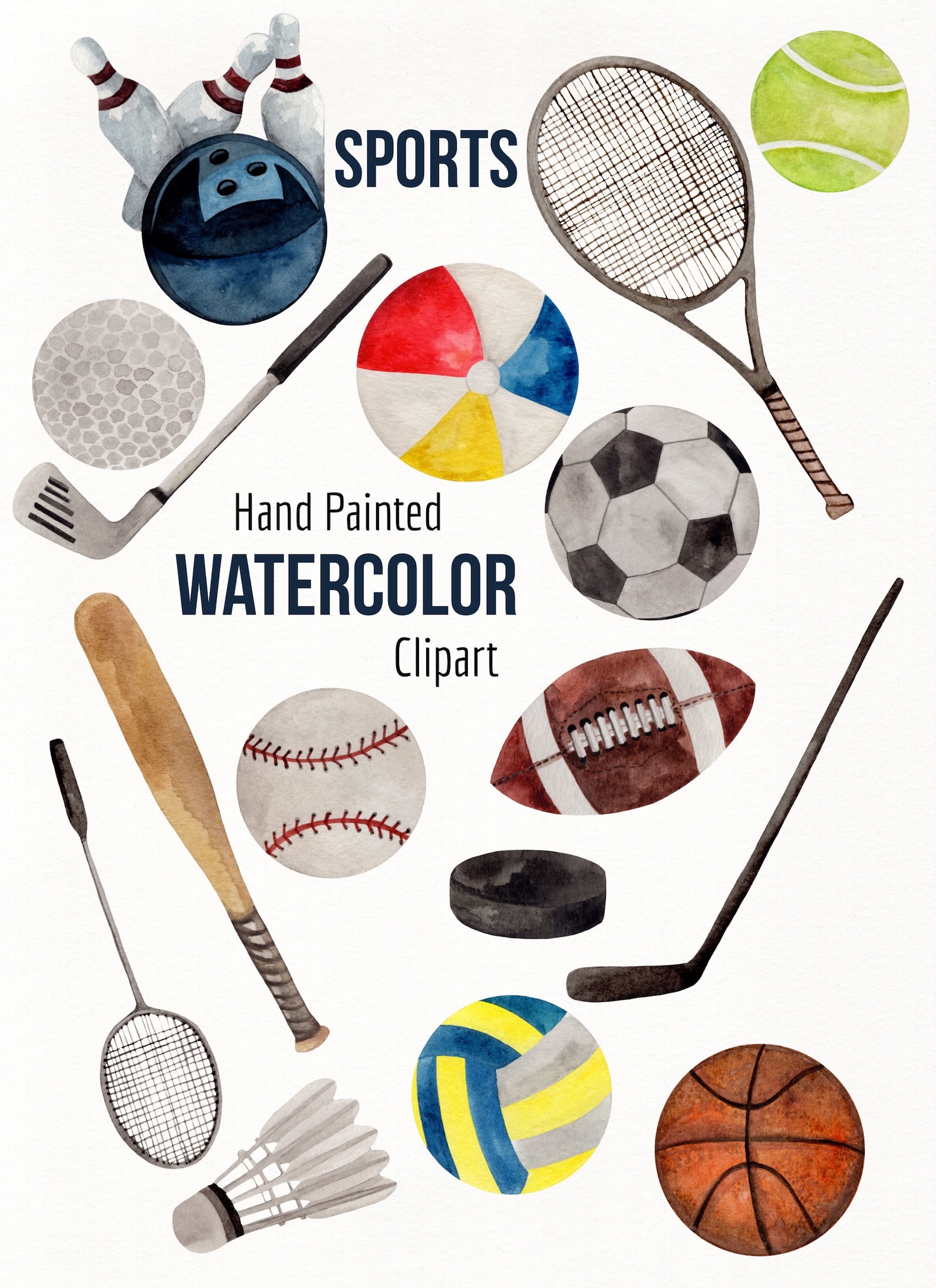 Watercolor Sports Clipart- Sports Equipment- High Resolution- Football ...