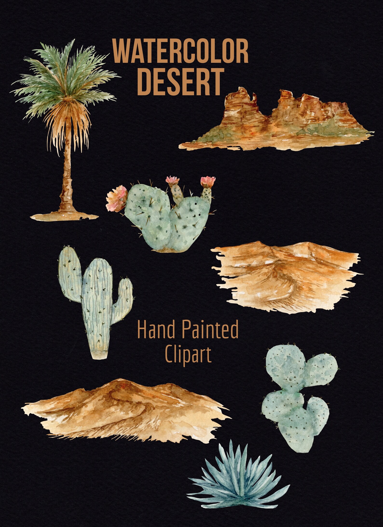 Watercolor Desert Clipart- Cactus Clipart- Hand Painted Sand Dunes ...