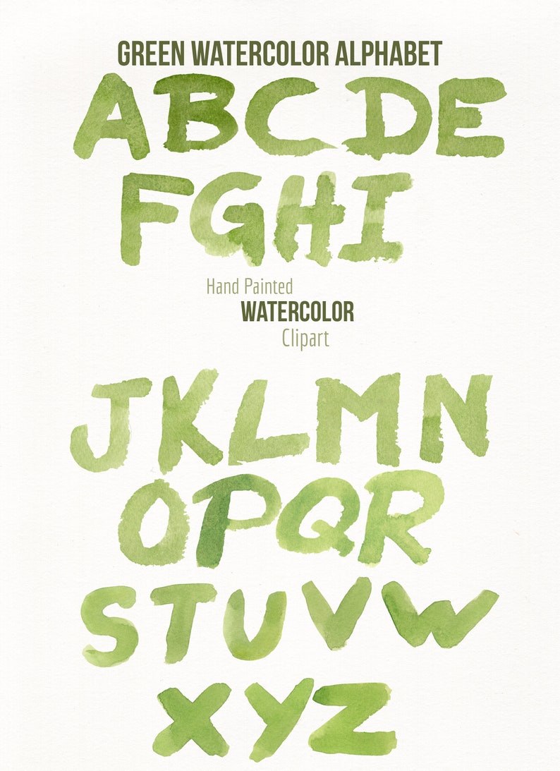 Watercolor Alphabet Clipart- ABC Clipart- Green Letters Clipart ...