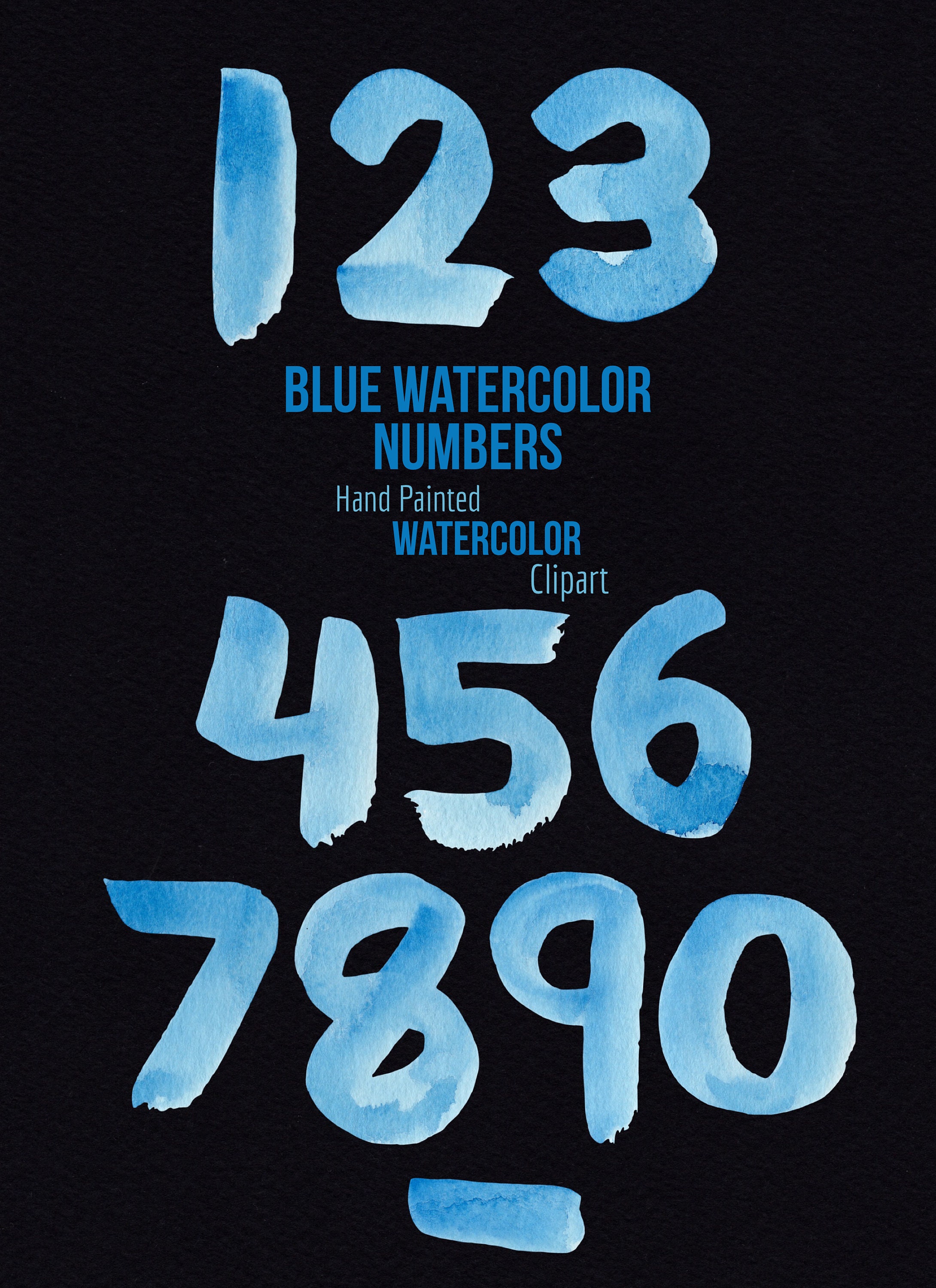 Hand Painted Blue Watercolor Numbers- Numbers Clipart- Kids Clipart ...