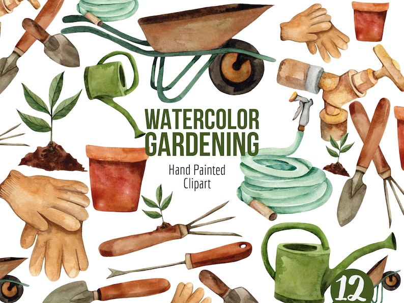Watercolor Gardening Clipart- Hand Painted Gardening Tools PNG- Spring ...