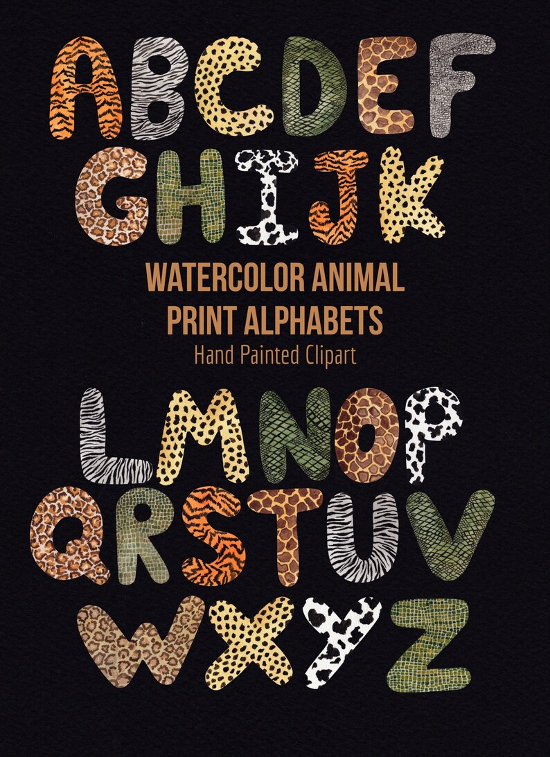 Animal Print Watercolor Alphabets- Animal Alphabets Clipart- Zoo ...