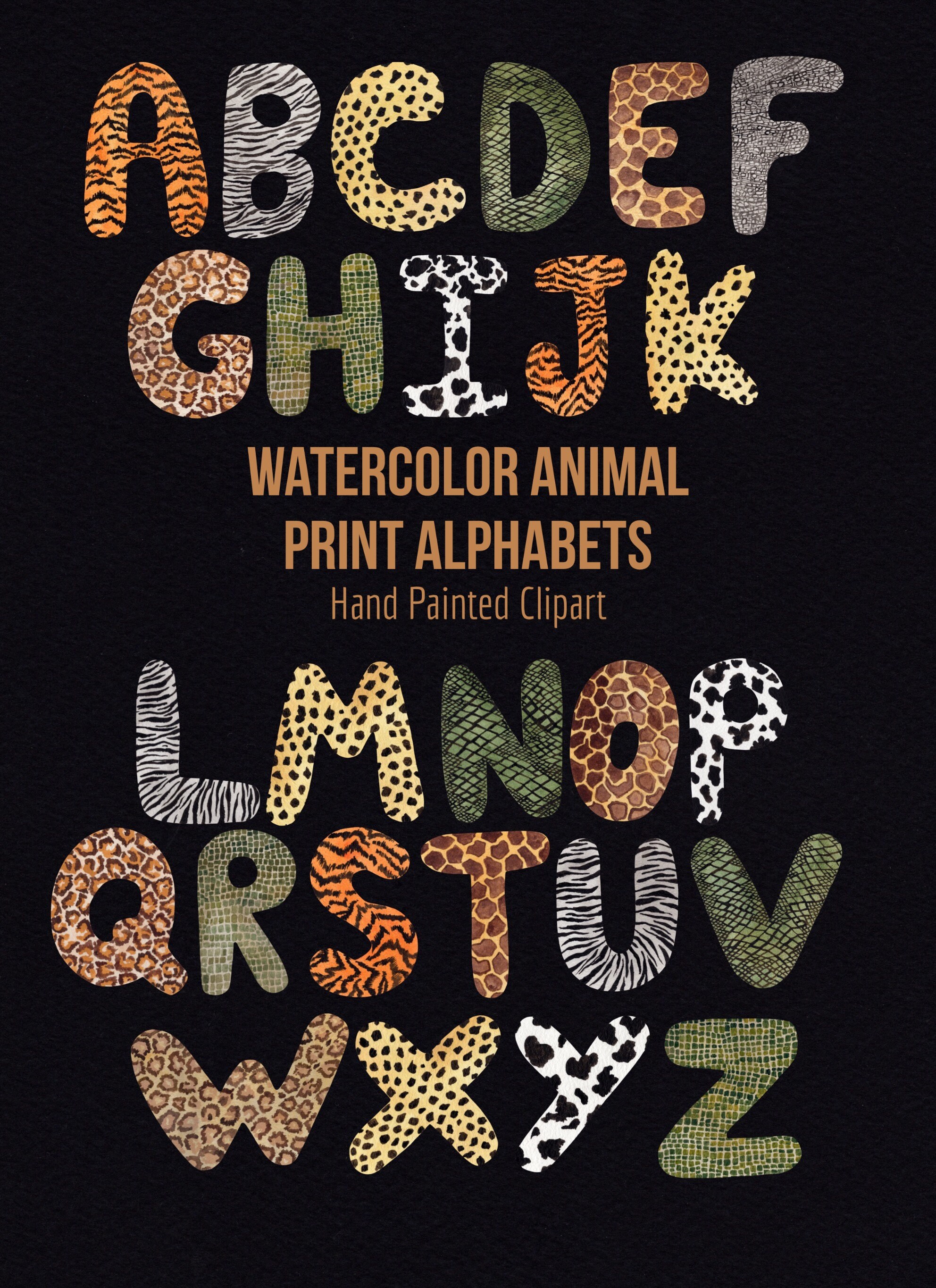 Animal Print Watercolor Alphabets- Animal Alphabets Clipart- Zoo ...