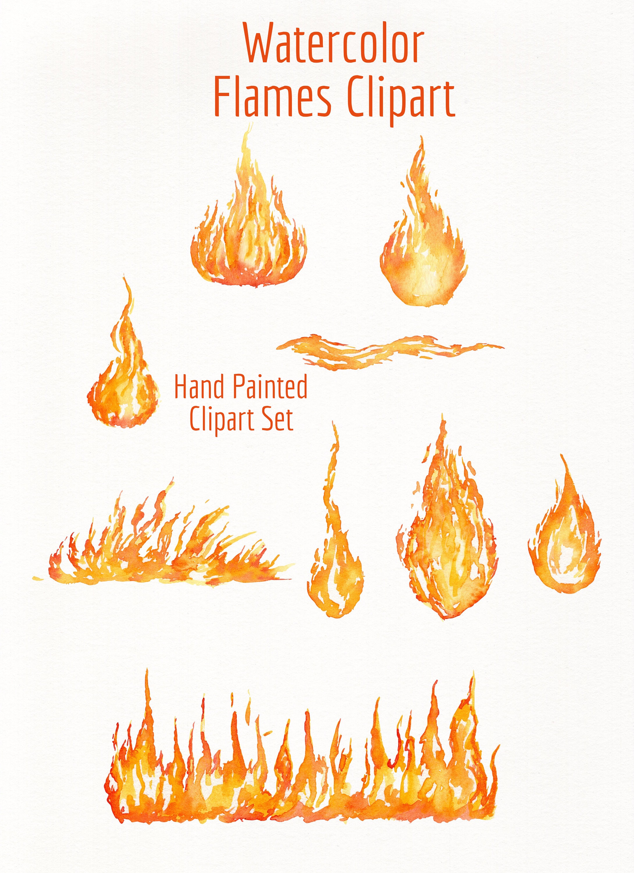 Watercolor Flames Clipart- Hand Painted Fire Clipart- Flame Graphics ...
